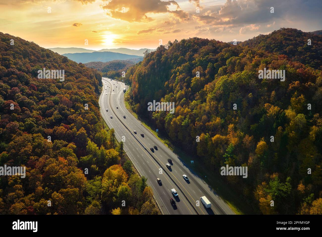Aerial view of I-40 freeway in North Carolina leading to Asheville ...