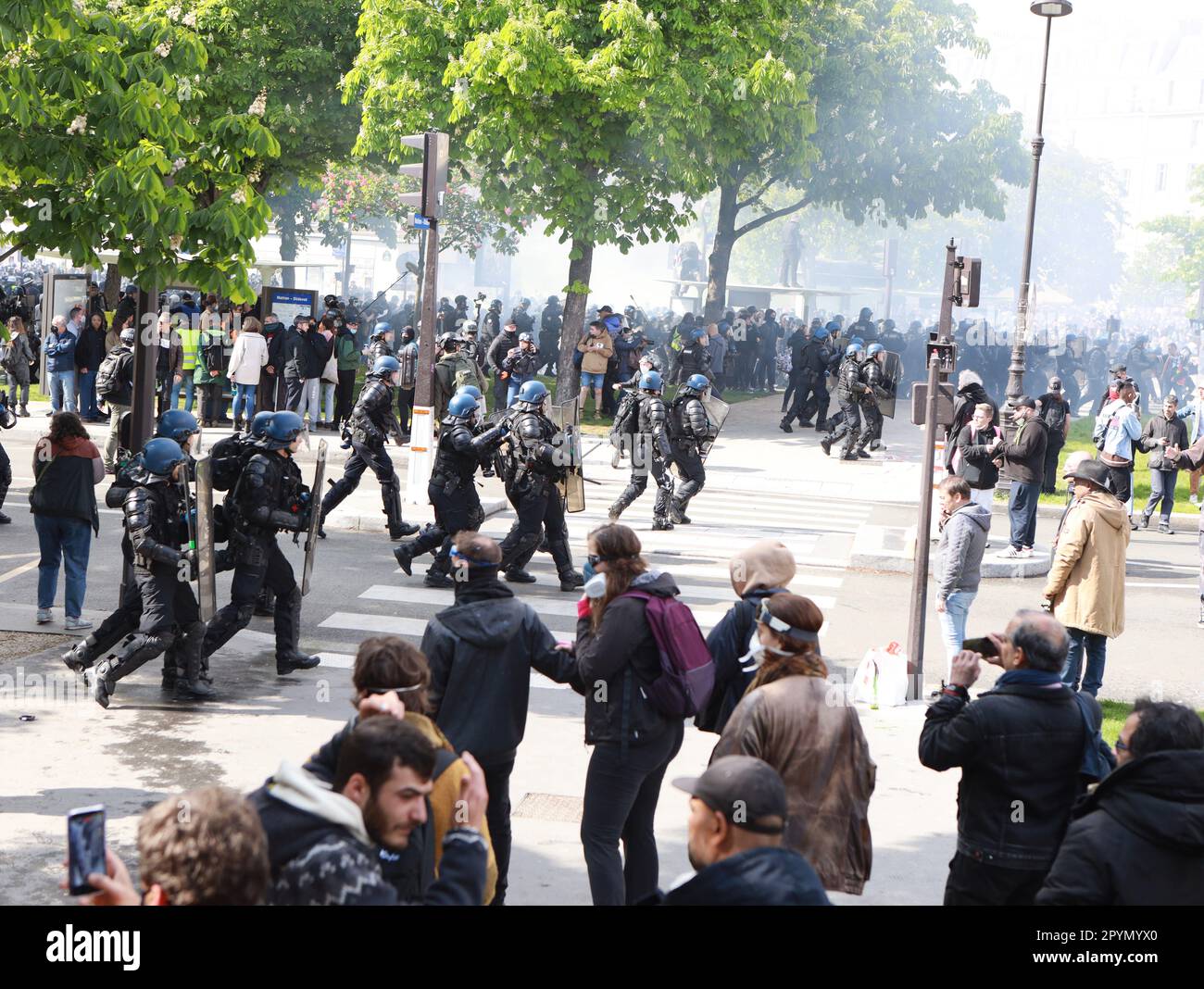 Paris, France. 1st May, 2023. French police forces clash with demonstrators in the Nation Square ...