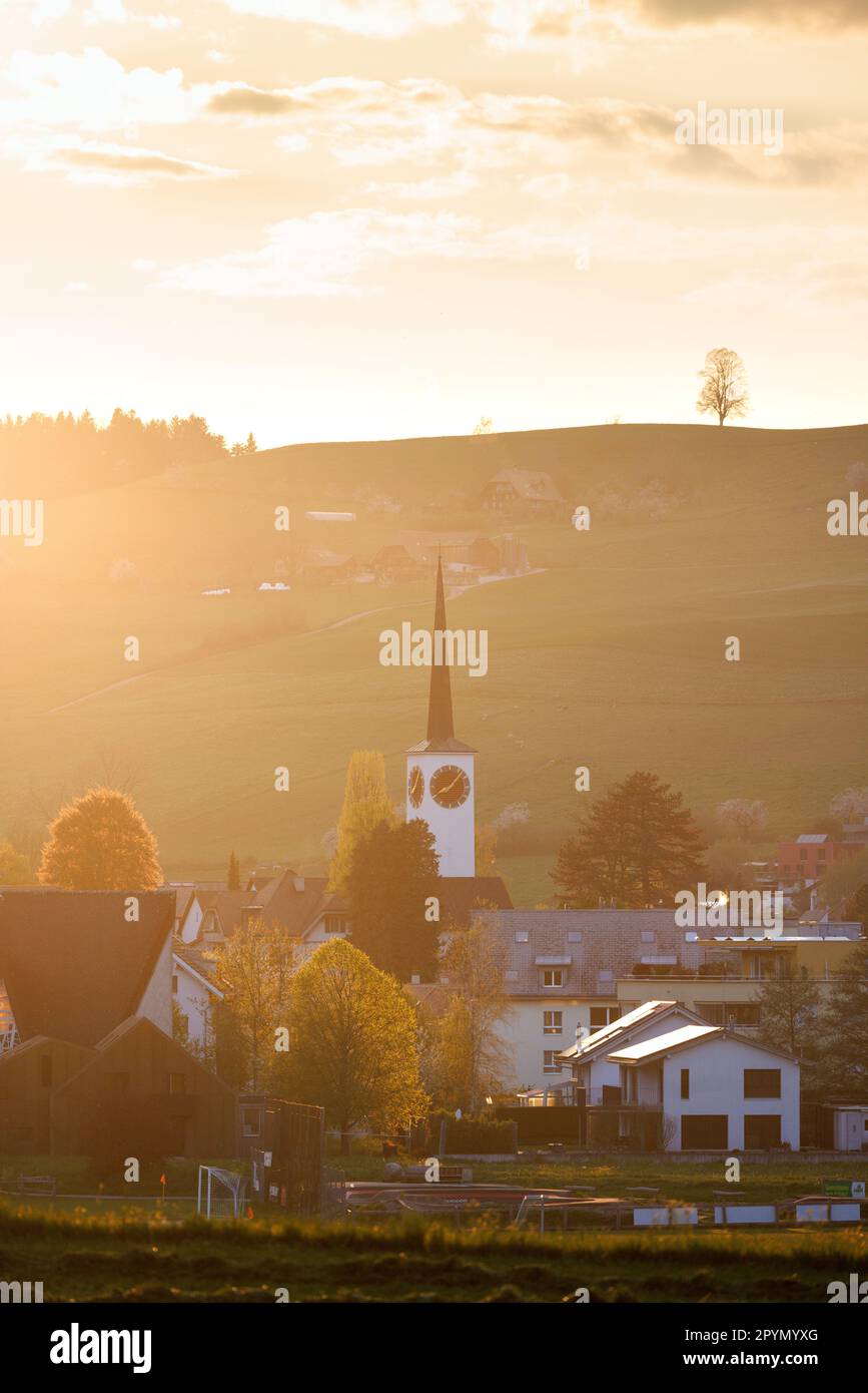 sunset mood over Konolfingen in spring in Emmental Stock Photo - Alamy