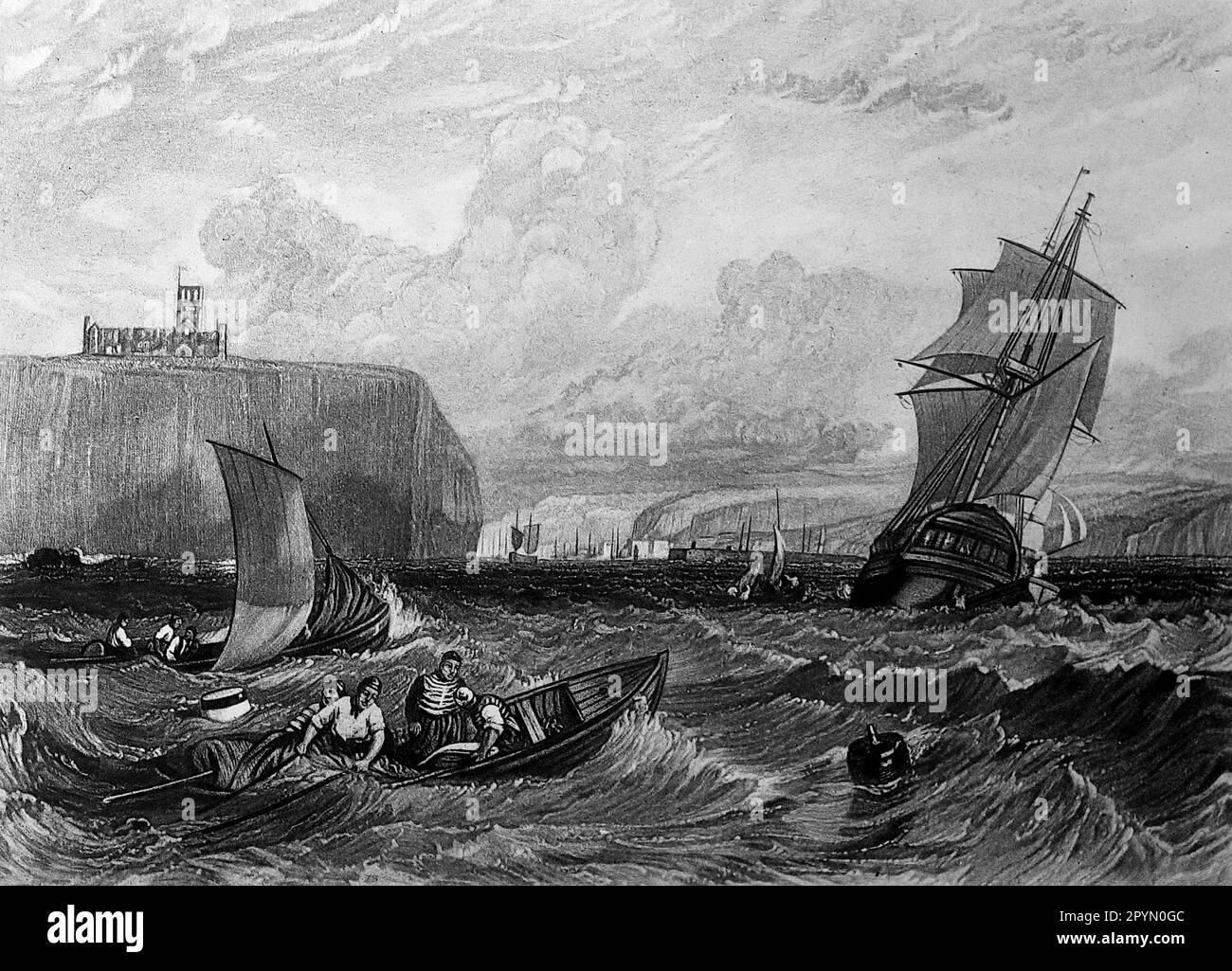 An engraving by J.M.W. Turner: Whitby: Engraving of a large sailing ...