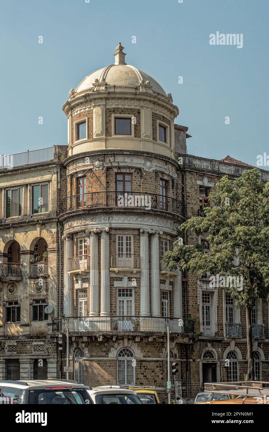 11 09 2017 Vintage Old Rounded corner Building with balcony and ...