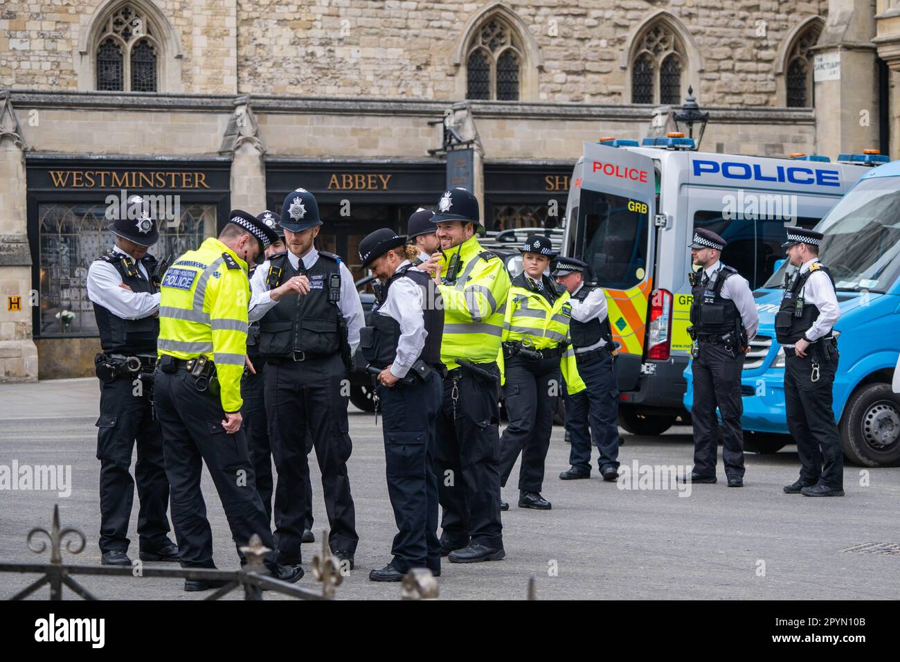 London UK. 4 May 2023. Police officers outside Westminster Abbey as ...