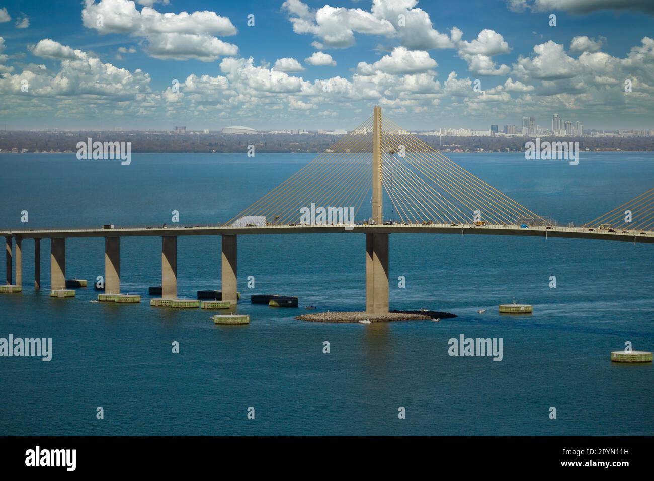 Aerial view of Sunshine Skyway Bridge over Tampa Bay in Florida with ...
