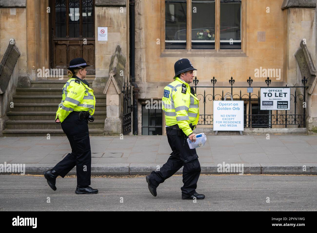 London UK. 4 May 2023. Police officers outside Westminster Abbey as ...