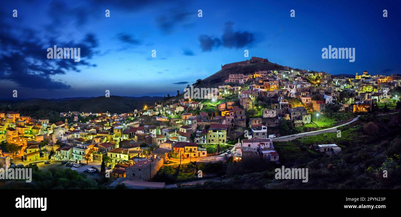 Panoramic night view Volissos, one of the most beautiful villages of ...