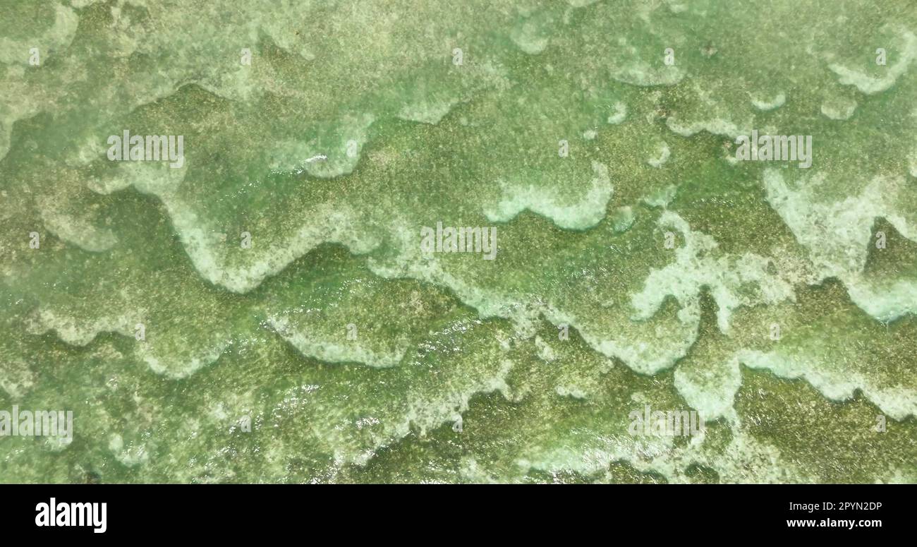 Aerial view of ocean floor with coral reefs. Turquoise lagoon surface ...