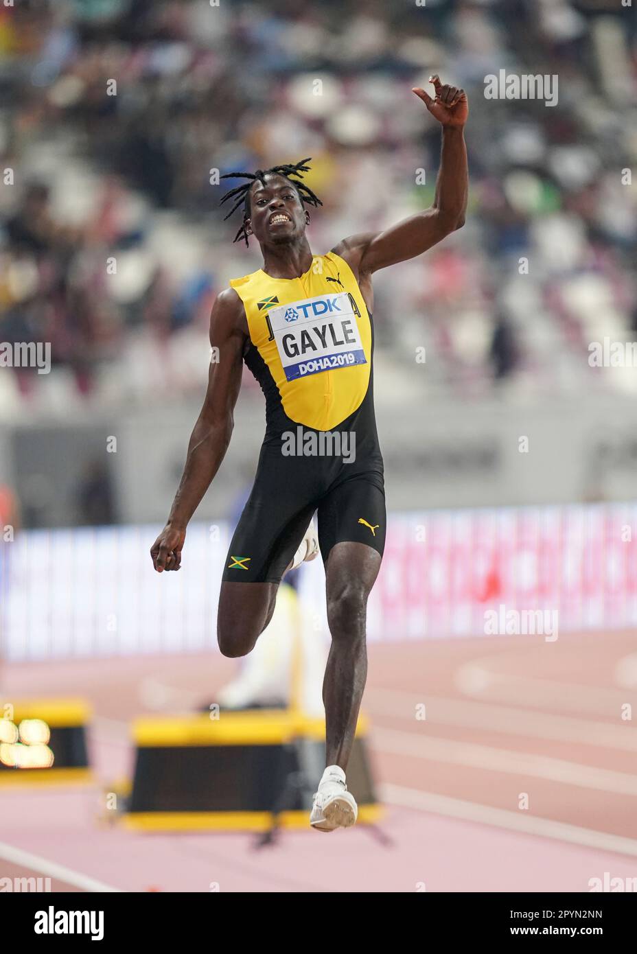 Tajay Gayle in the long jump at the Doha 2019 World Athletics ...