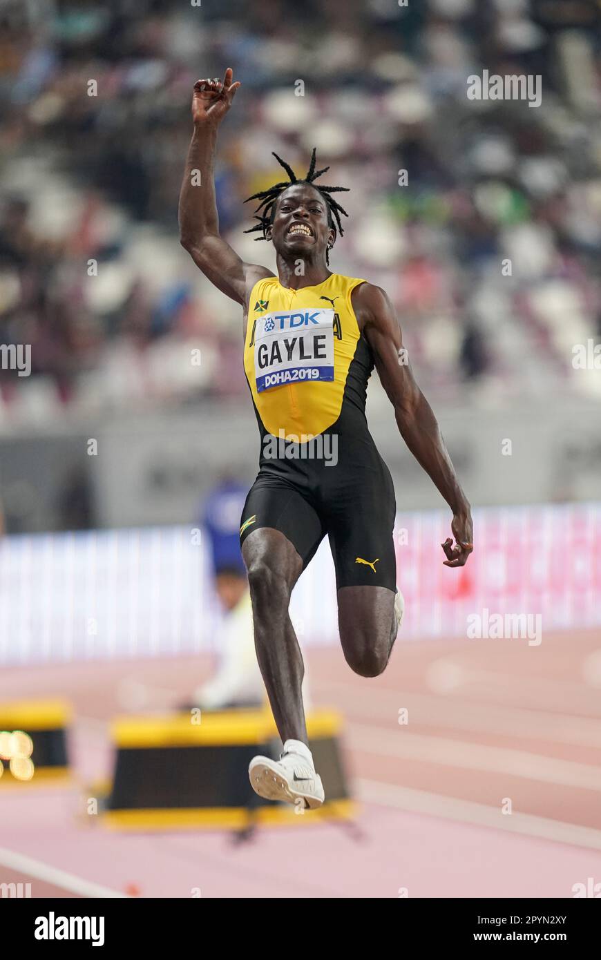 Tajay Gayle in the long jump at the Doha 2019 World Athletics ...