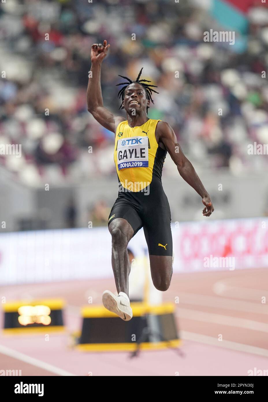 Tajay Gayle in the long jump at the Doha 2019 World Athletics ...