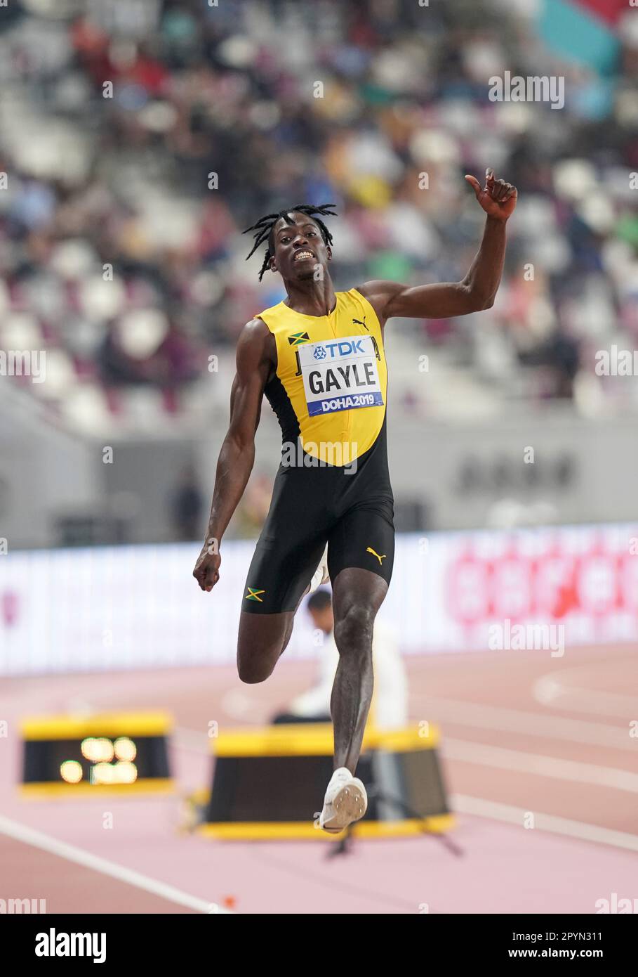 Tajay Gayle in the long jump at the Doha 2019 World Athletics ...