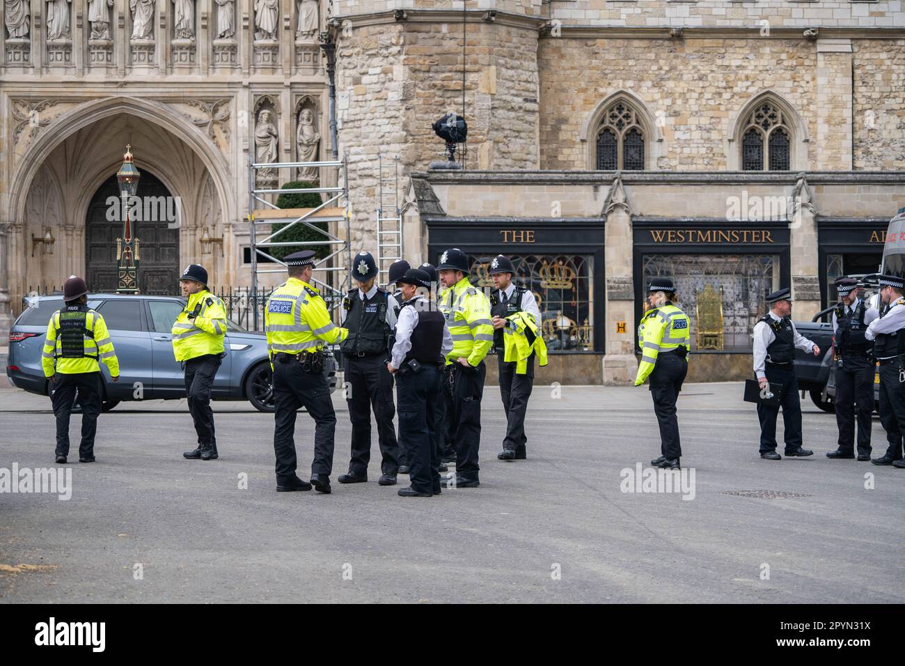 London UK. 4 May 2023. Police officers outside Westminster Abbey as part of operation golden orb ...