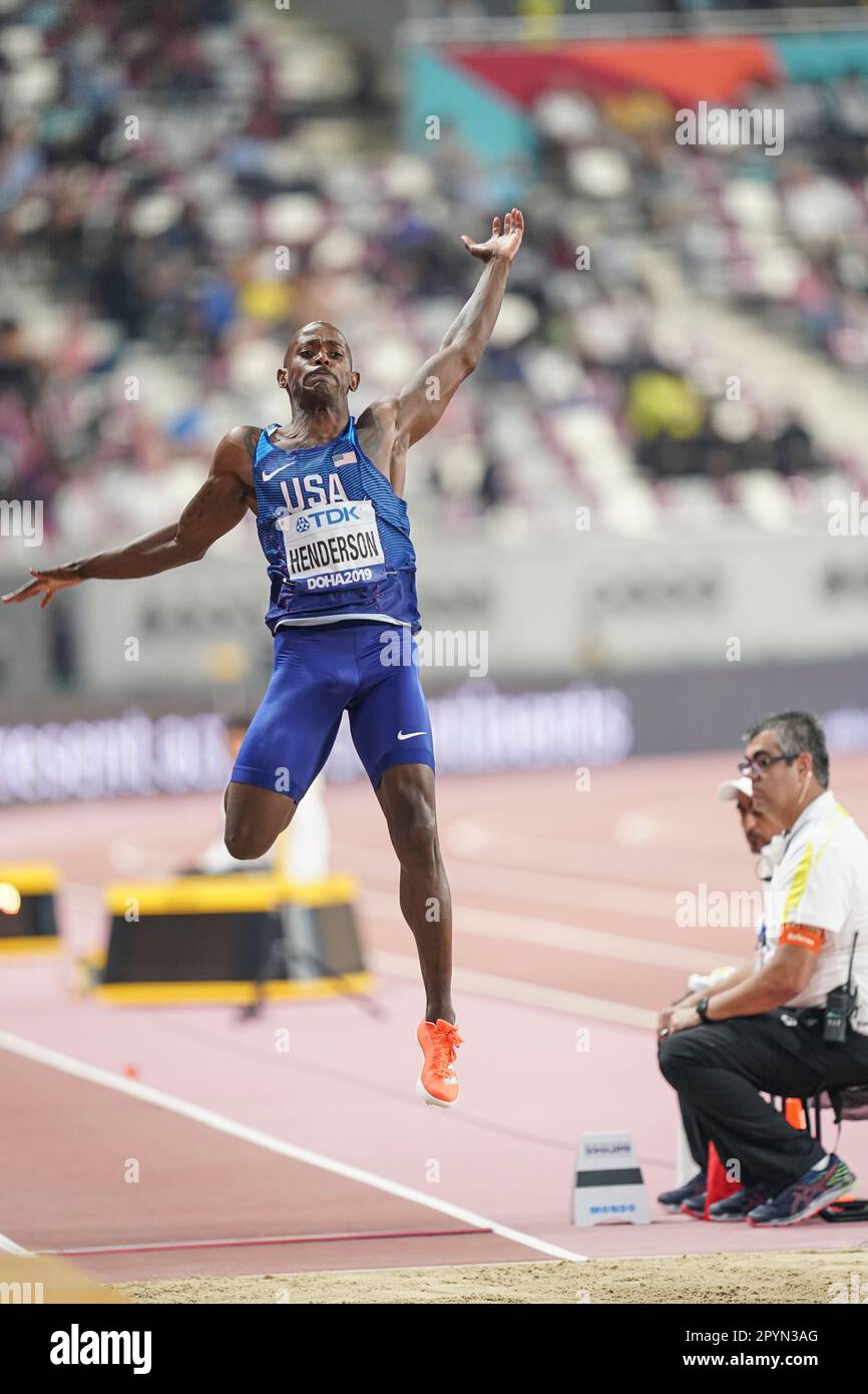Jeff Henderson in the long jump at the Doha 2019 World Athletics ...