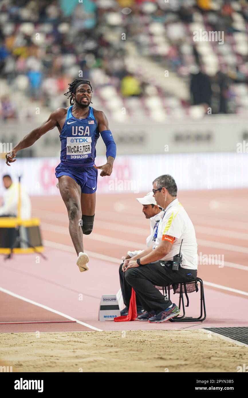 Steffin McCarter in the long jump at the Doha 2019 World Athletics ...