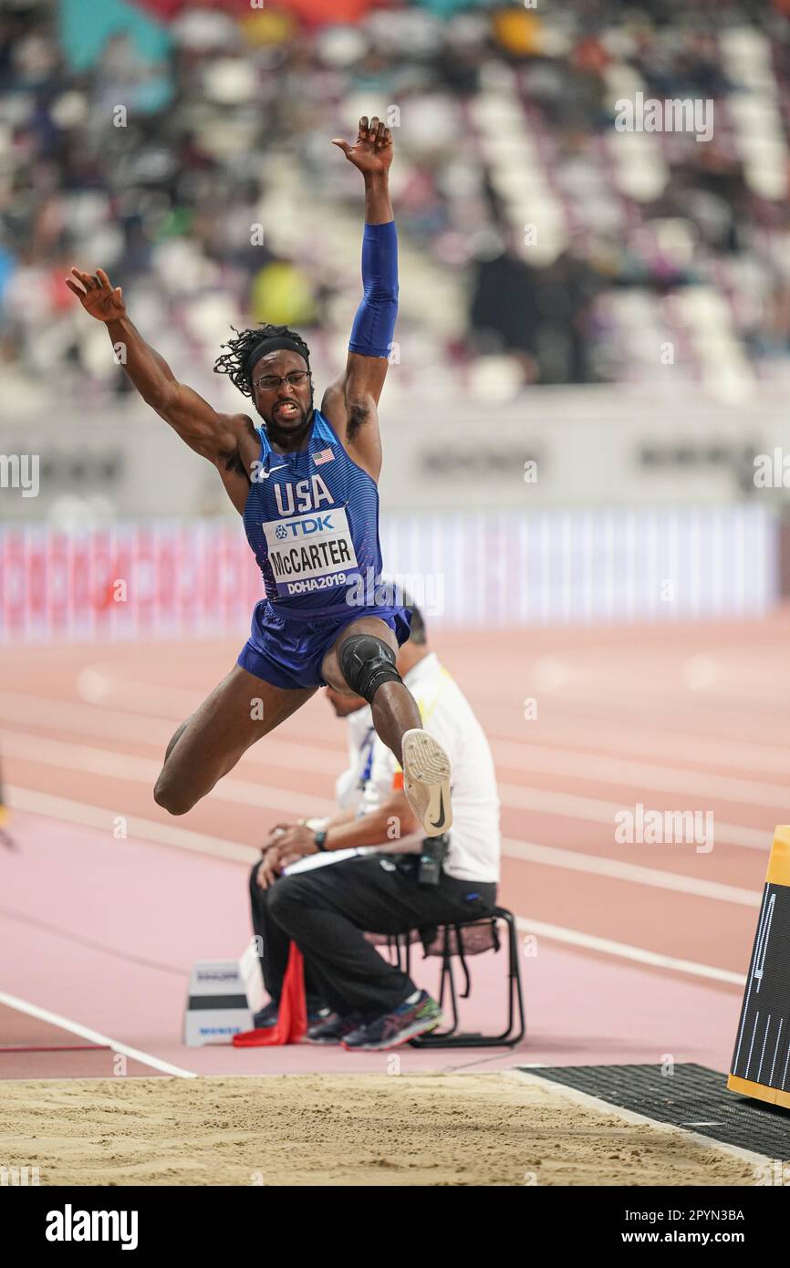 Steffin McCarter in the long jump at the Doha 2019 World Athletics ...
