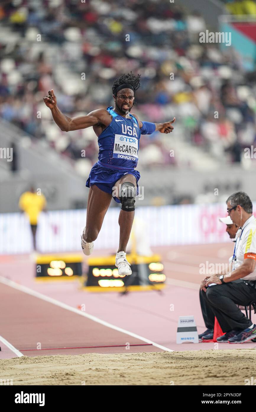 Steffin McCarter in the long jump at the Doha 2019 World Athletics ...
