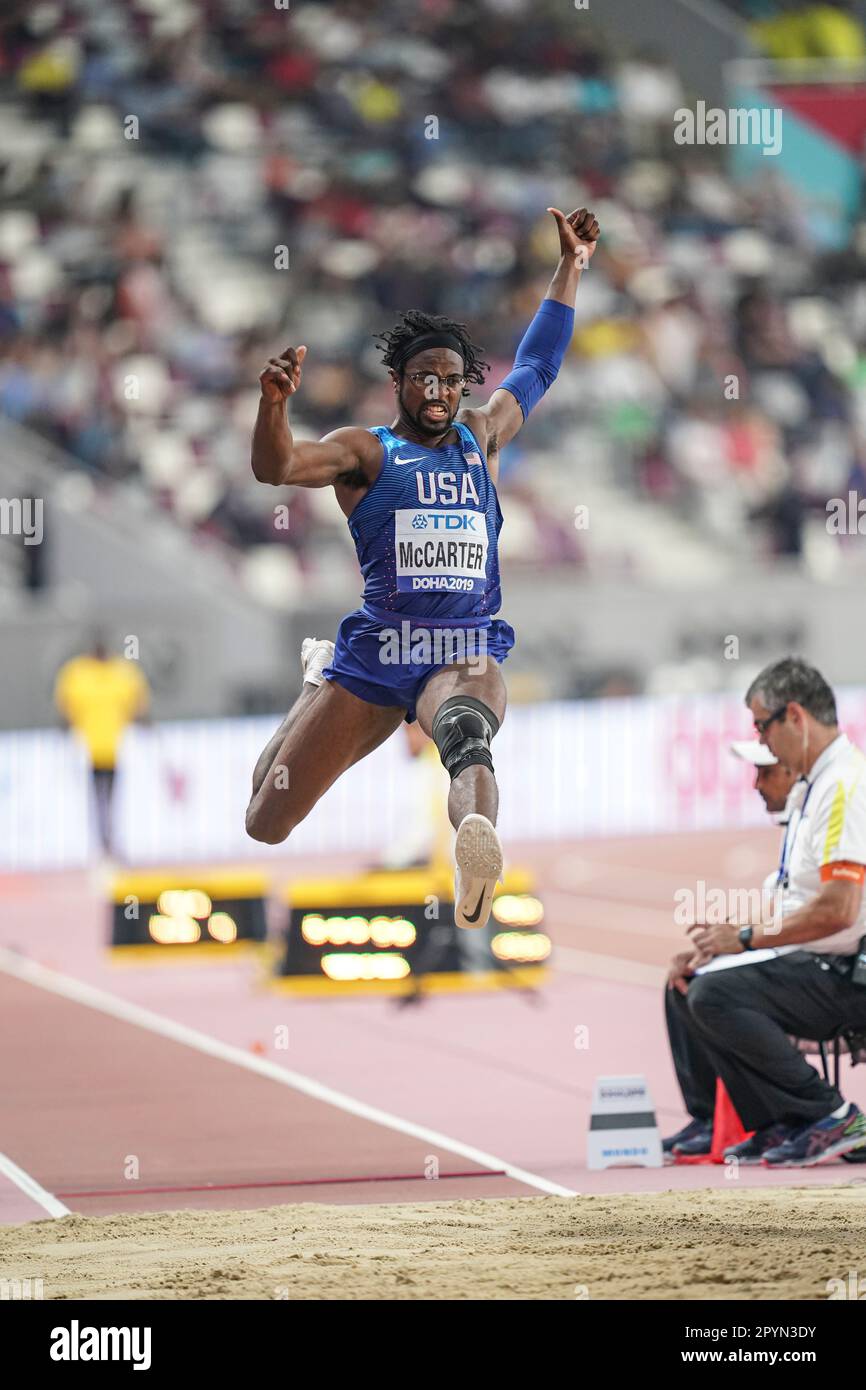 Steffin McCarter in the long jump at the Doha 2019 World Athletics ...