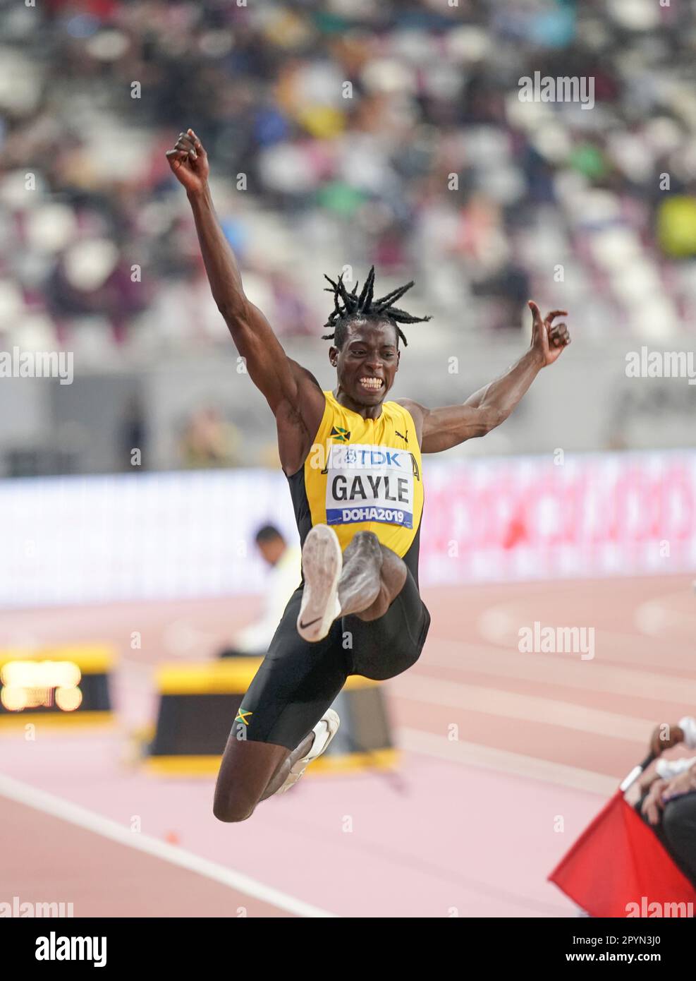 Tajay Gayle in the long jump at the Doha 2019 World Athletics ...