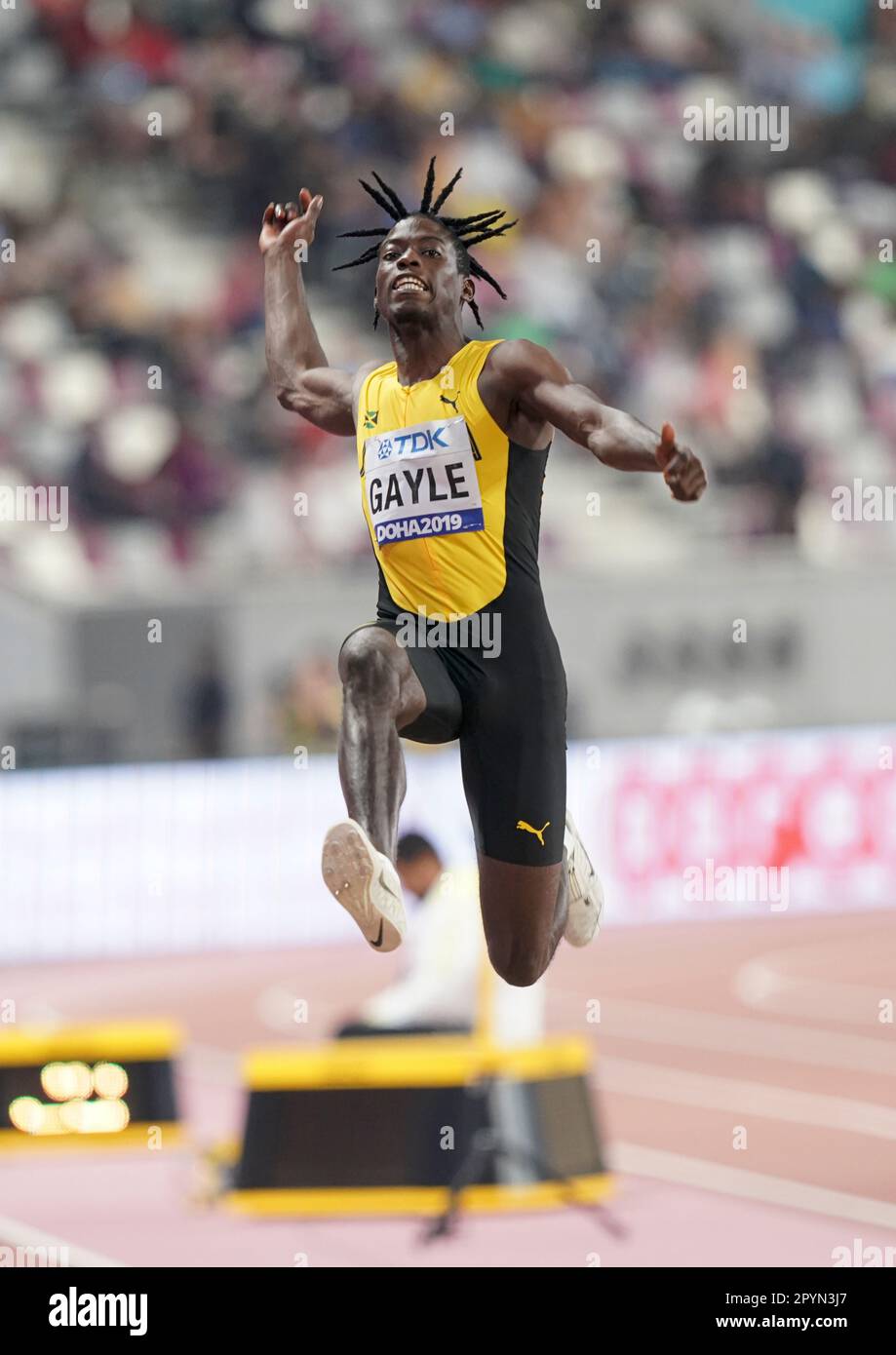 Tajay Gayle in the long jump at the Doha 2019 World Athletics ...