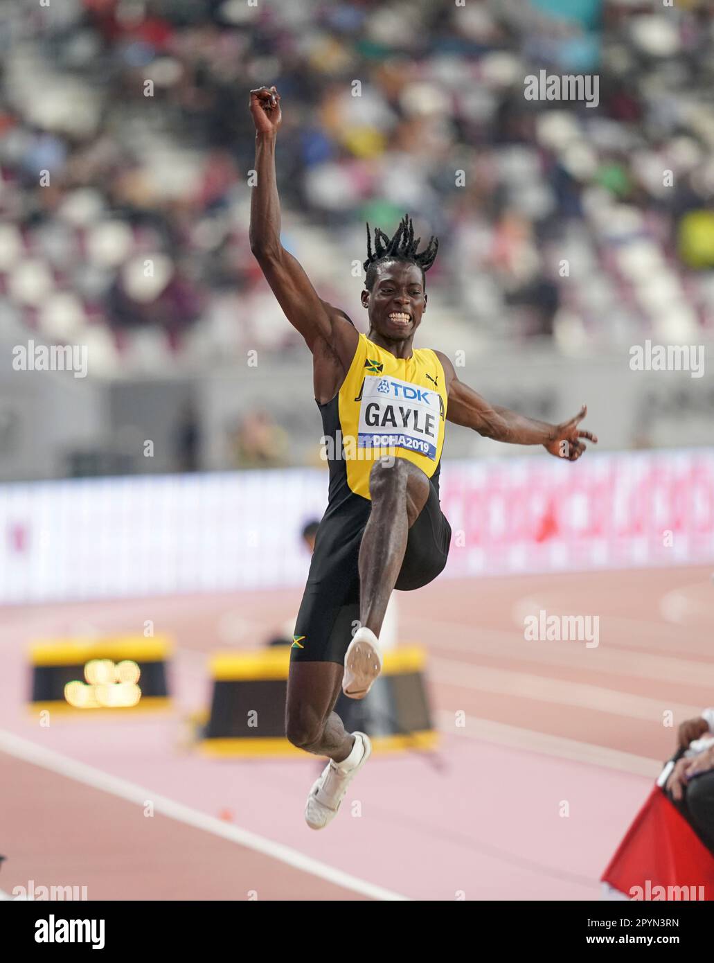 Tajay Gayle in the long jump at the Doha 2019 World Athletics ...