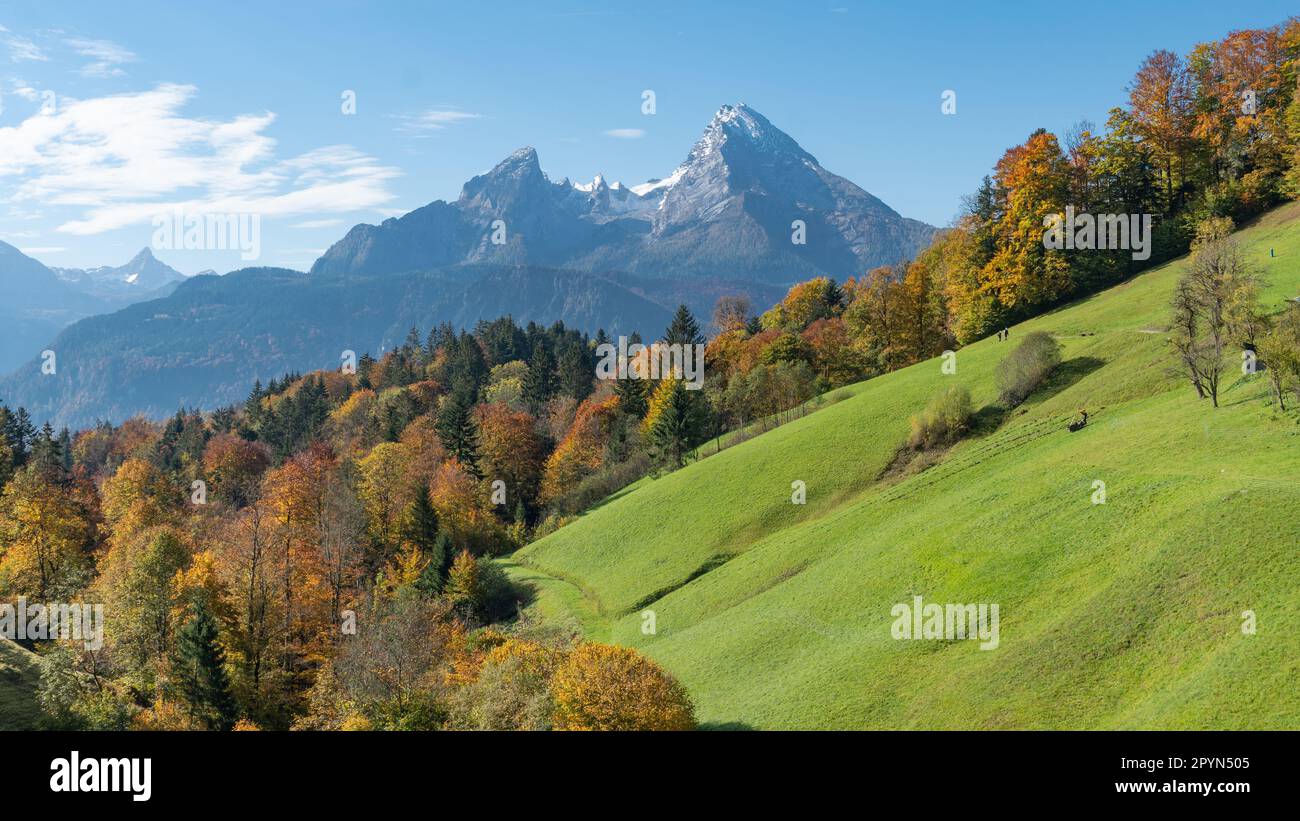 Mount Watzmann near Berchtesgaden with colorful trees in the foreground ...