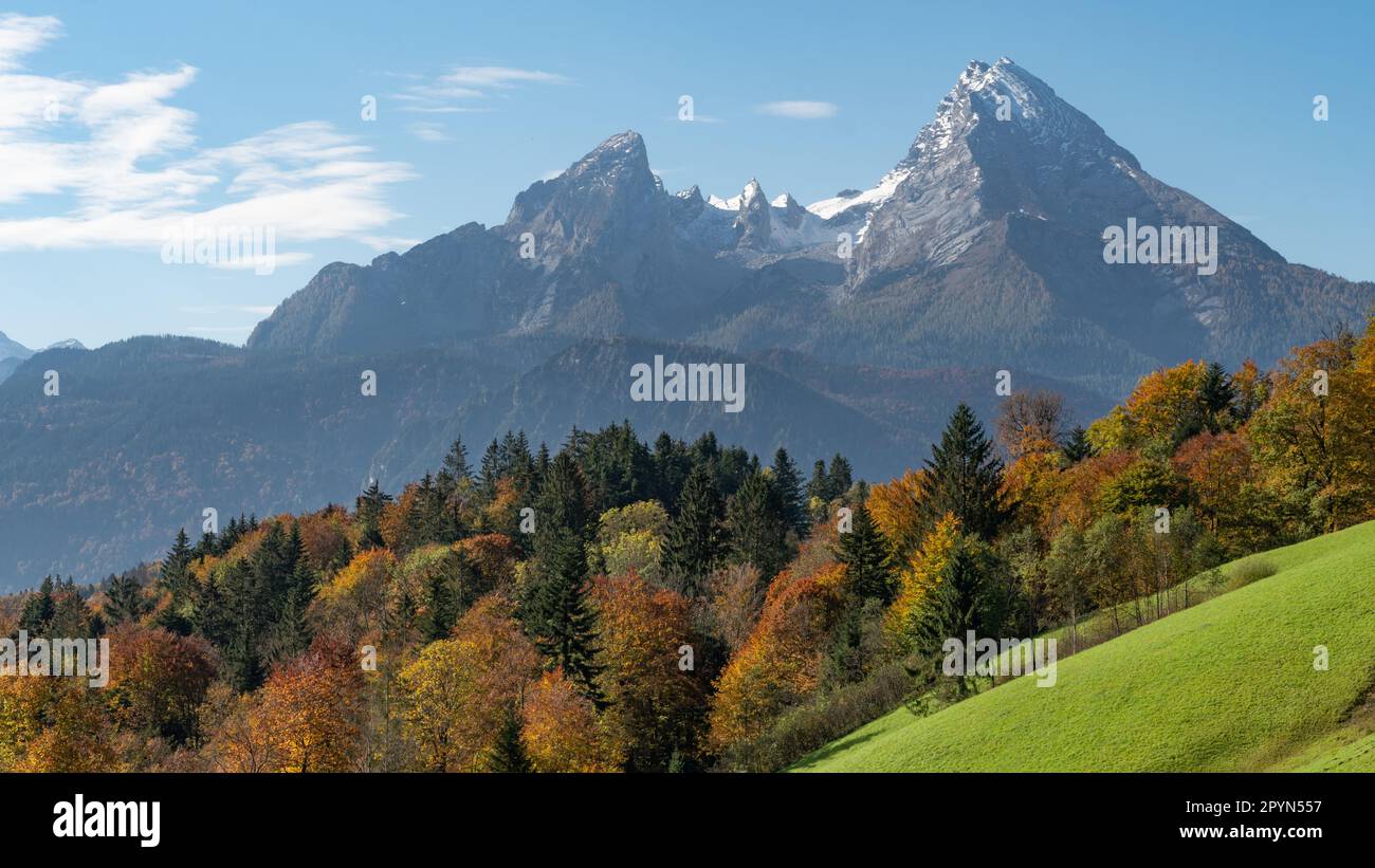 Mount Watzmann near Berchtesgaden with colorful trees in the foreground ...