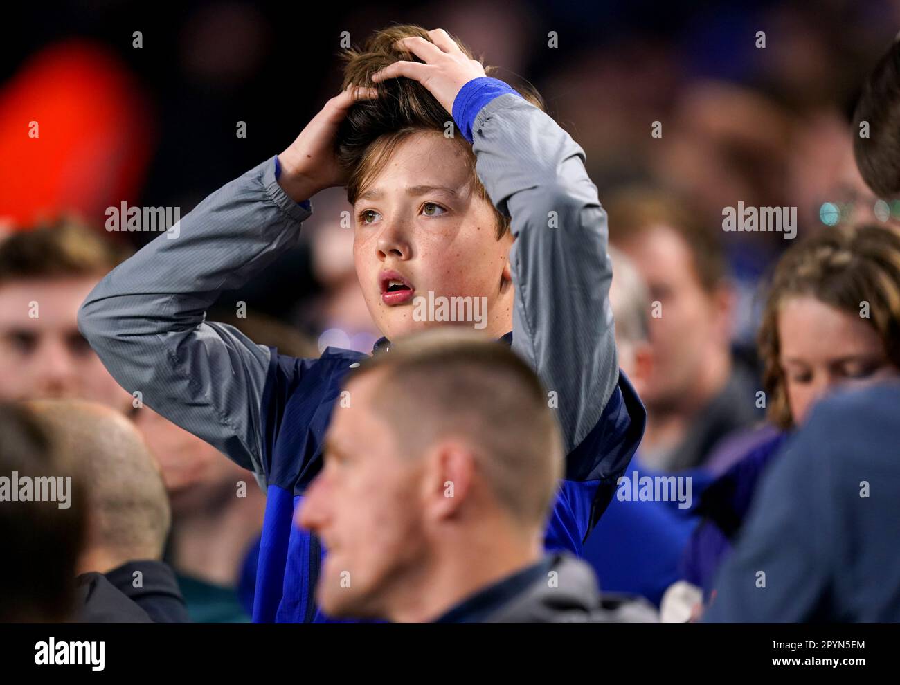 An Everton fan reacts during the Premier League match at the King Power ...