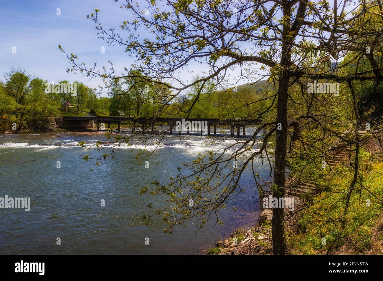 Landscape view of the Tuckasegee River in the town of Dillsboror, North ...