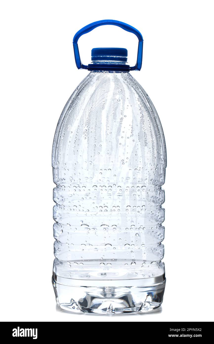 one five liter plastic water bottle with blue cap isolated on white ...