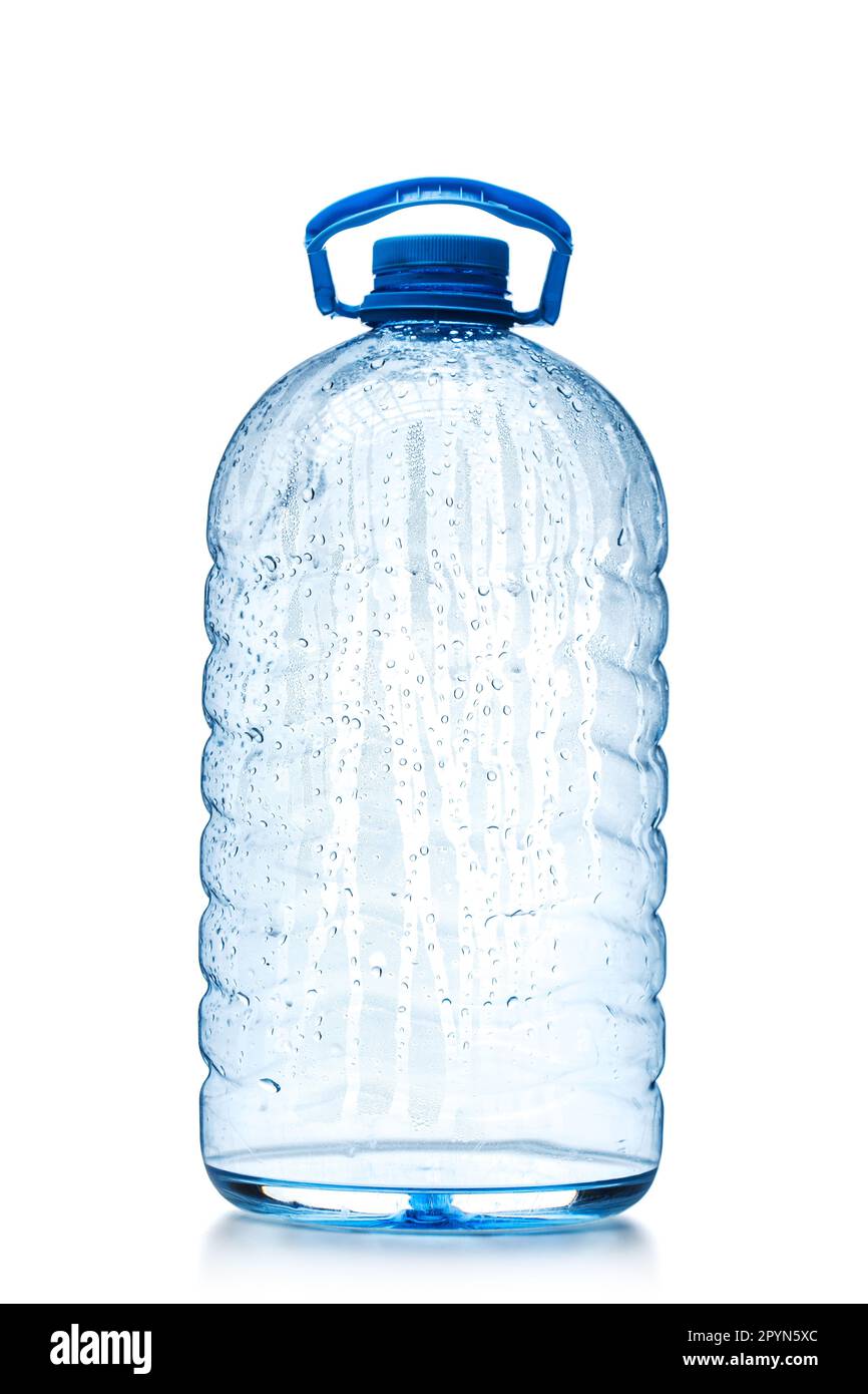 one five liter plastic water bottle with blue cap isolated on white ...