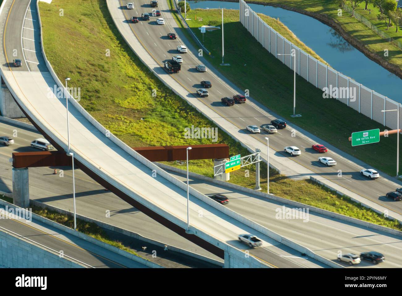 View from above of american big freeway intersection in Miami, Florida ...