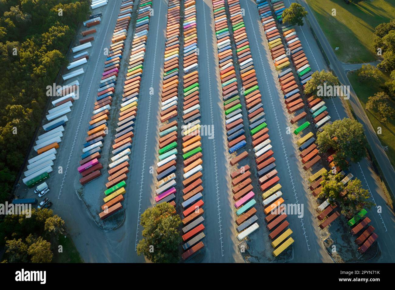 View from above of cargo container industrial yard with many shipment ...