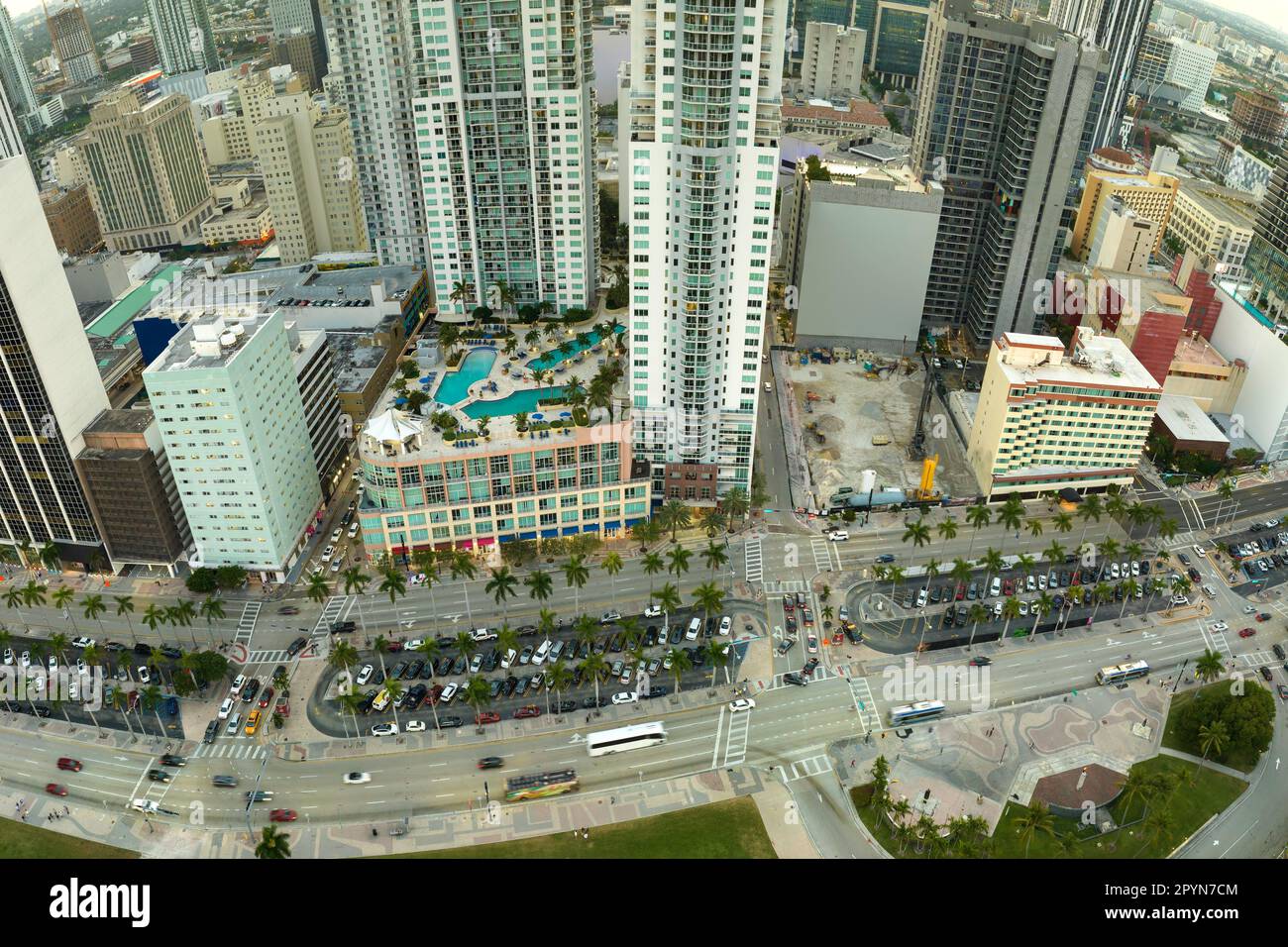 View from above of street traffic and skyscraper buildings in downtown ...
