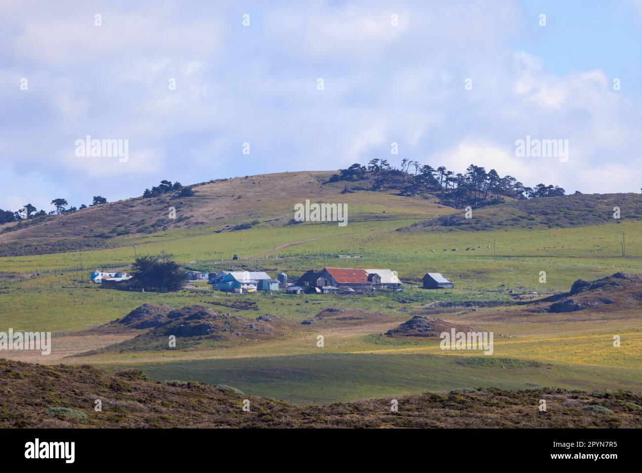 View of homes and barns on small farm in rolling green hills Stock ...