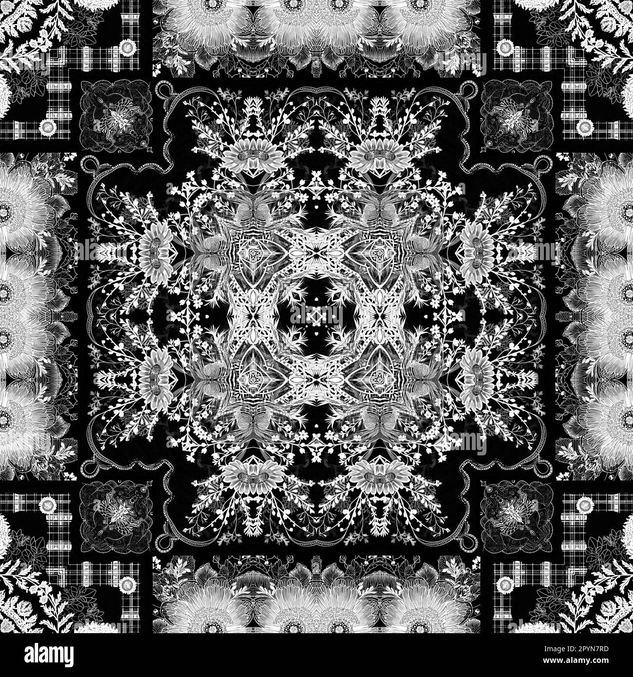 Intricate black and white lace folk flower pattern with an elegant ...