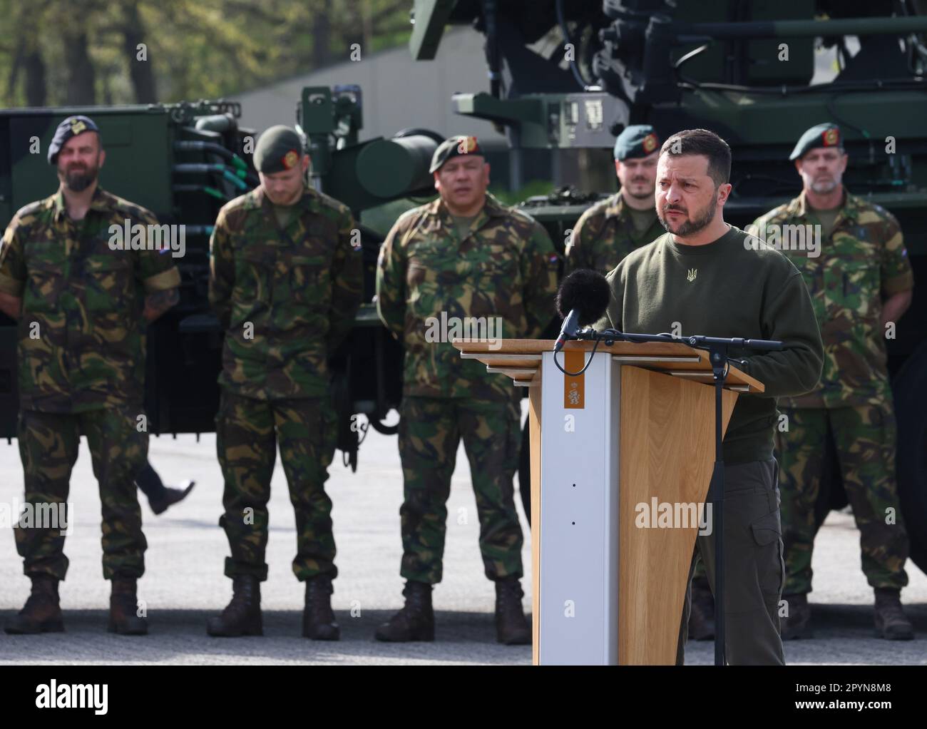 Ukraine's President Volodymyr Zelenskyy delivers a speak during a visit ...