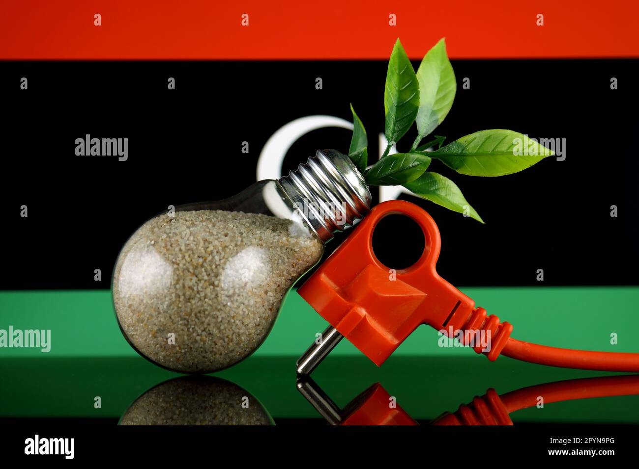 Plug, plant growing inside the light bulb and Libya Flag. Green eco ...