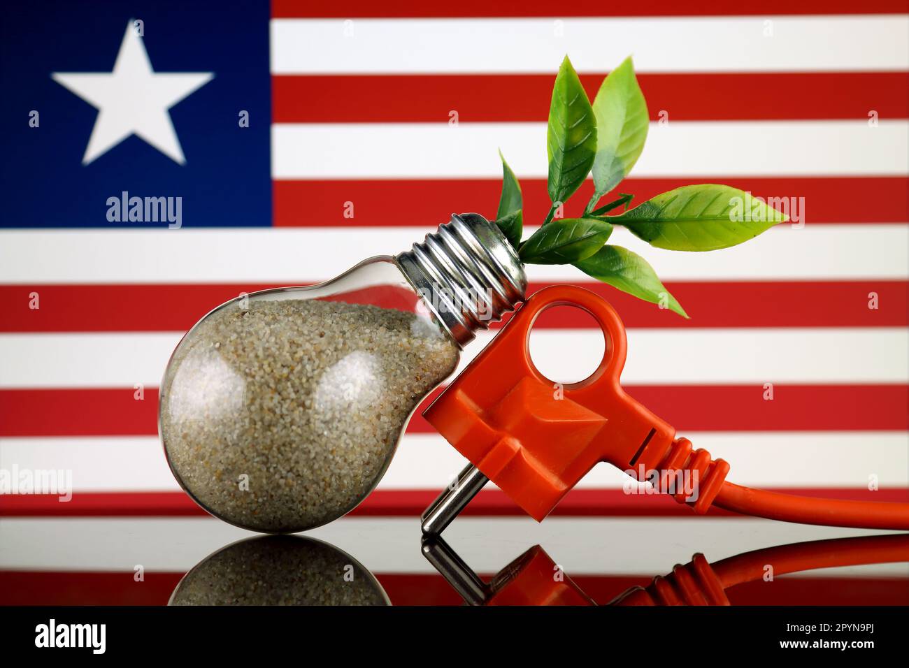 Plug, plant growing inside the light bulb and Liberia Flag. Green eco ...