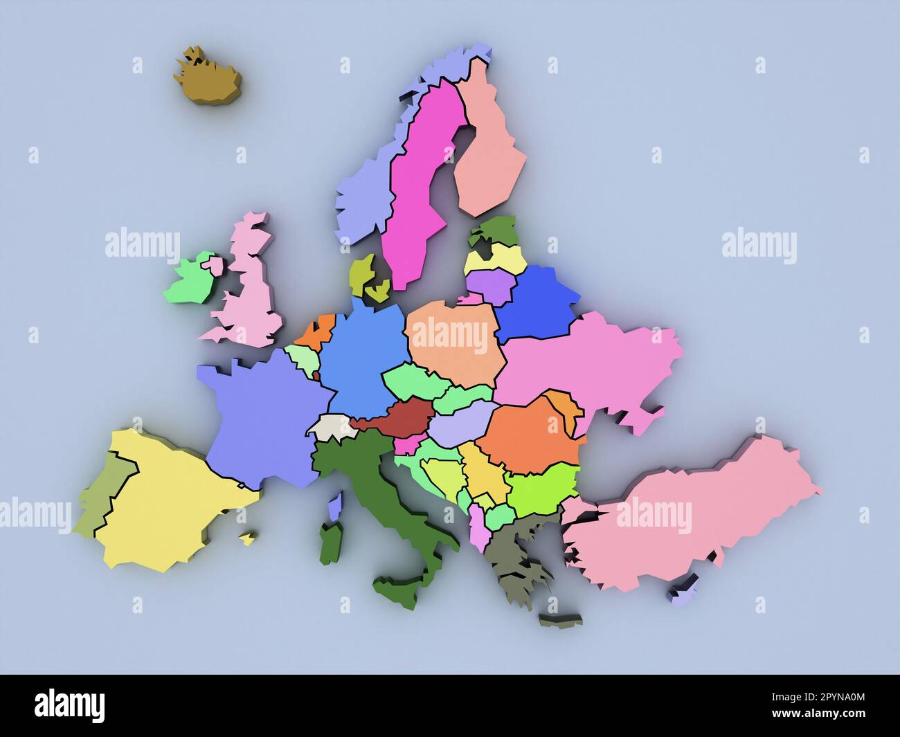 A 3D render of a textured colorful block Europe map on a gray ...