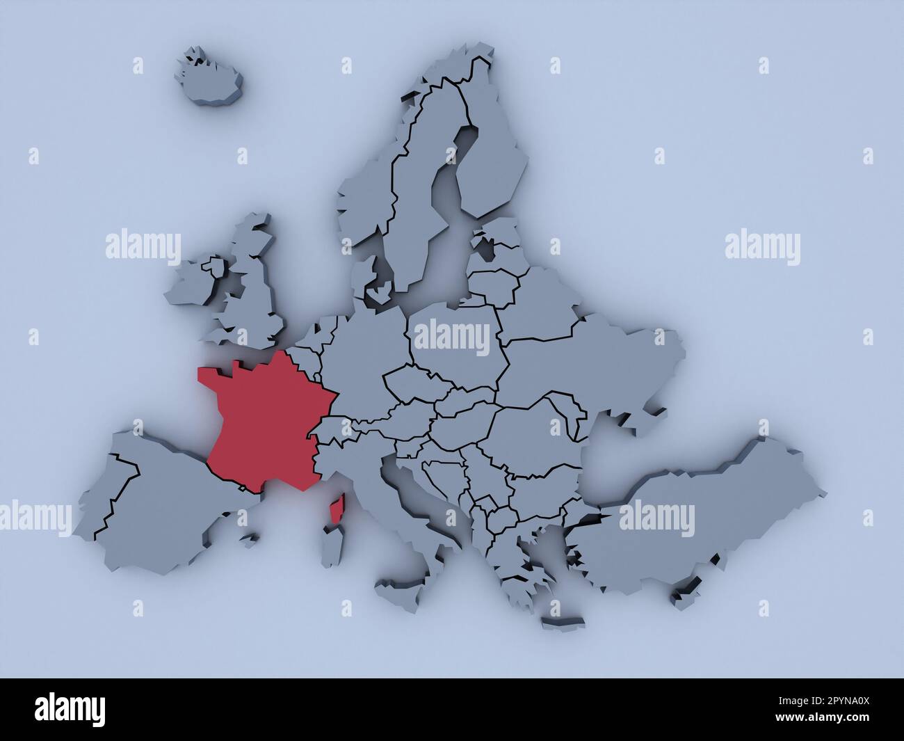 A 3D render of a textured gray block Europe map with France in Red ...