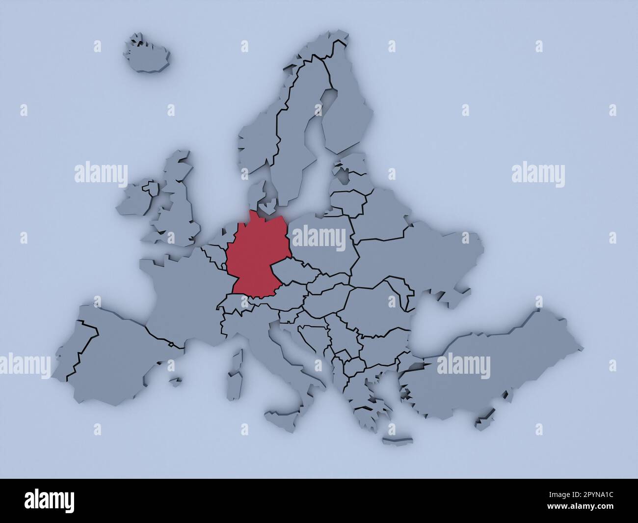 A 3D render of a textured gray block Europe map with Germany in Red ...