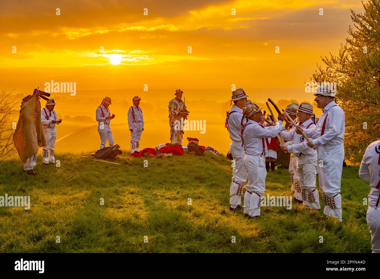 Morris dancers dancing on Coldrum Long barrow near Trottiscliffe at ...