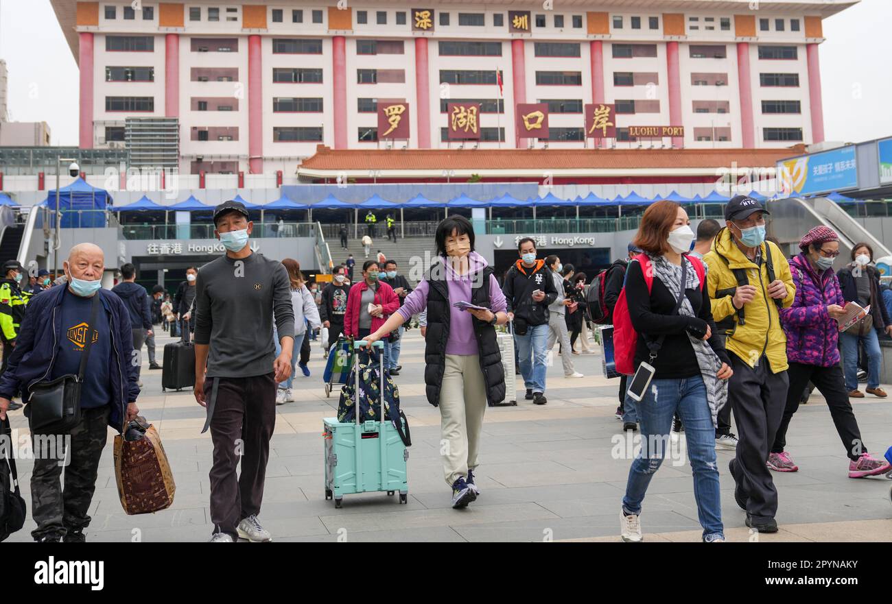 Travellers arrive at Lo Wu Control Point in Shenzhen. The border begin ...