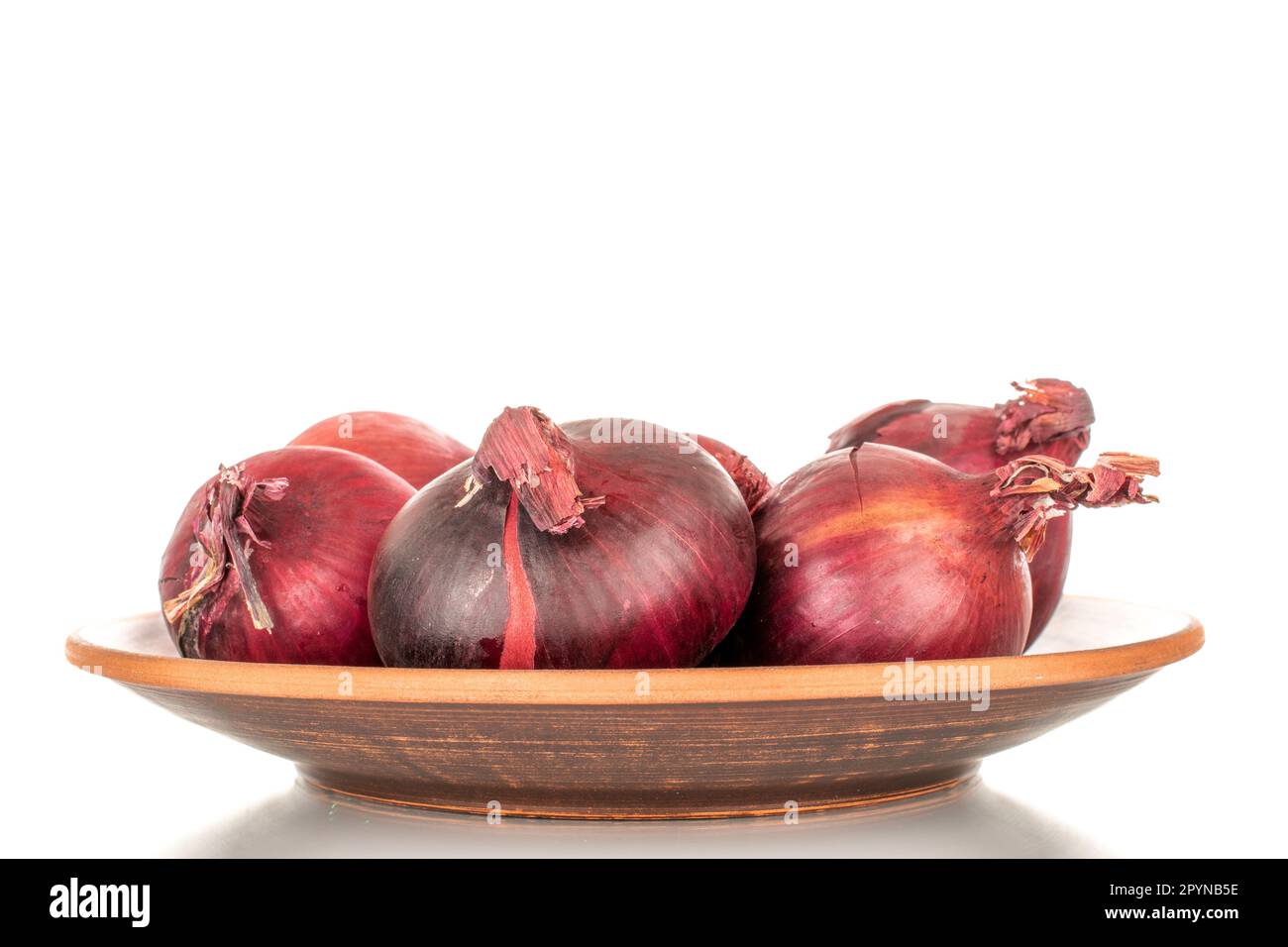 Several blue onions on a clay plate, macro, isolated on white ...