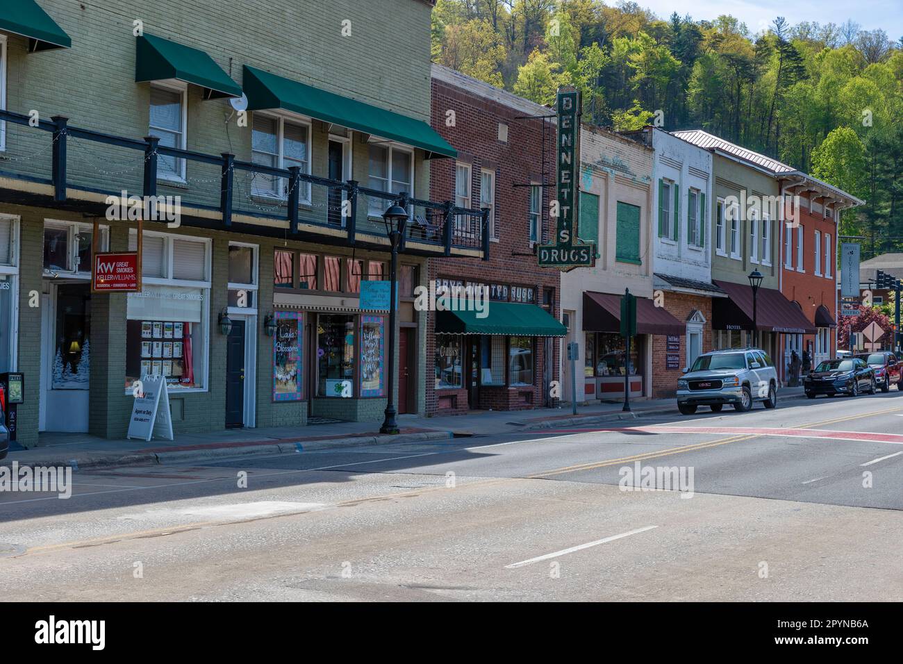Bryson, North Carolina, USA - April 19, 2023: A section of downtown ...