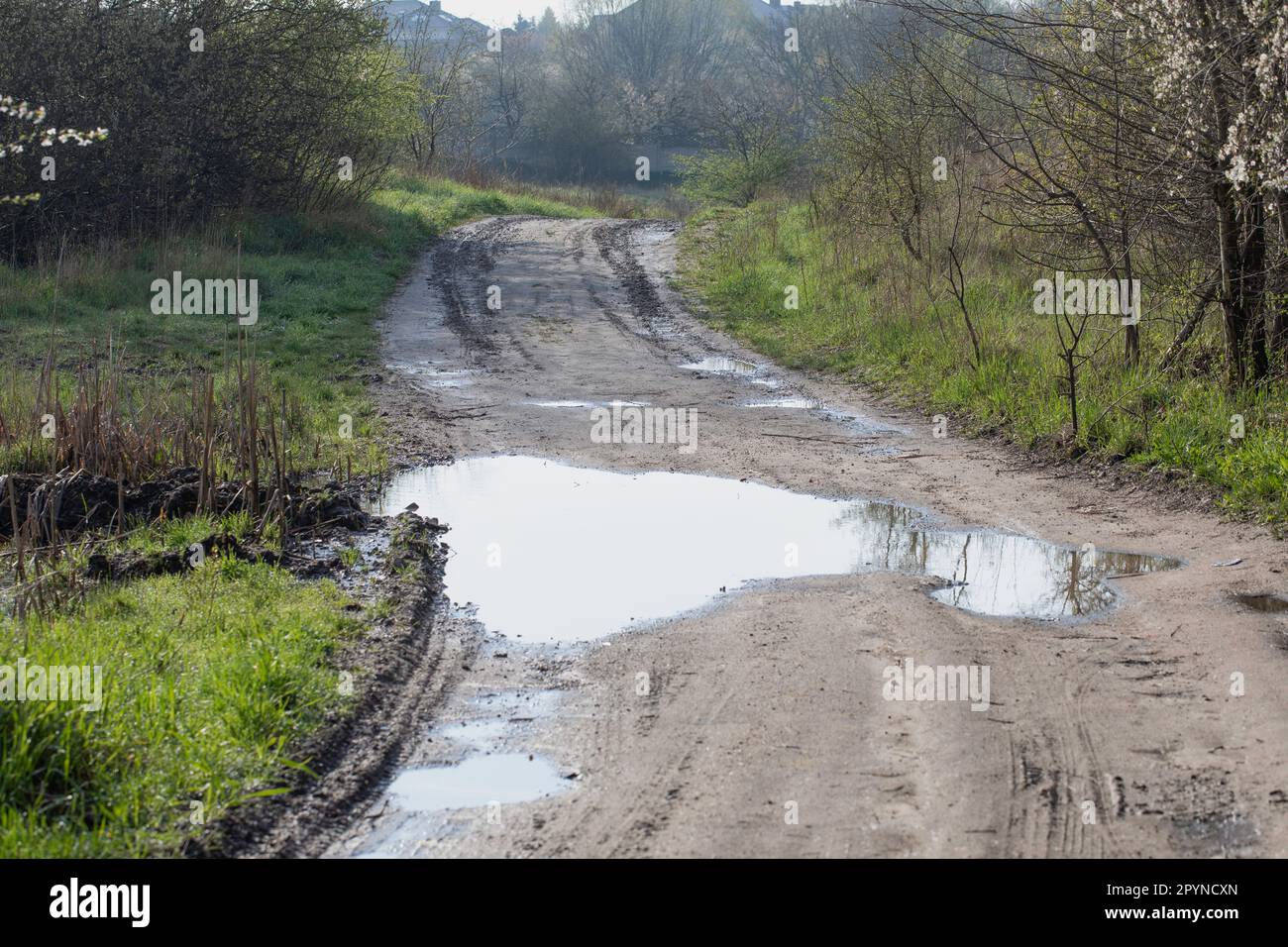 Mud, puddles, a country road after rain. Soggy ground Stock Photo - Alamy