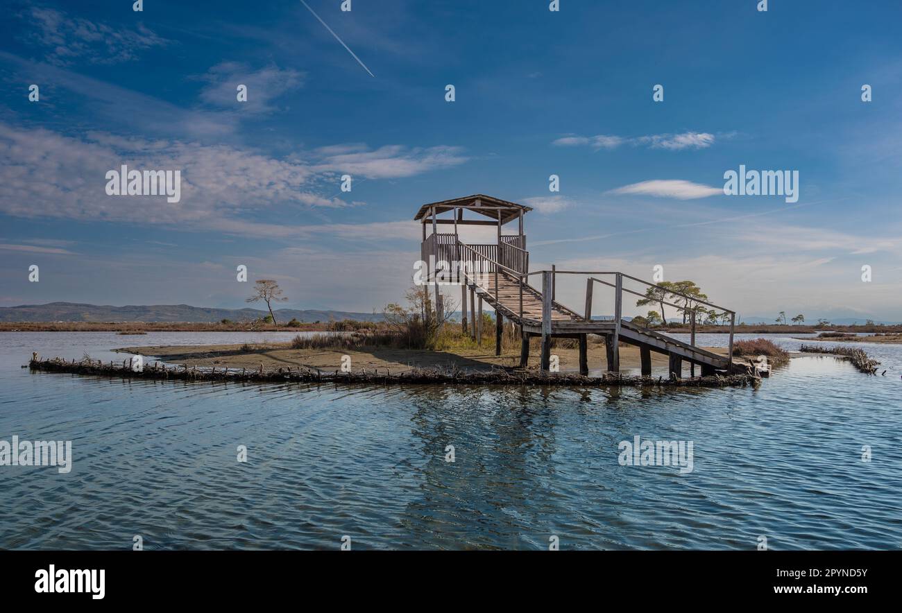 observation platform in the Lagoon of Divjake-Karavasta National Park ...
