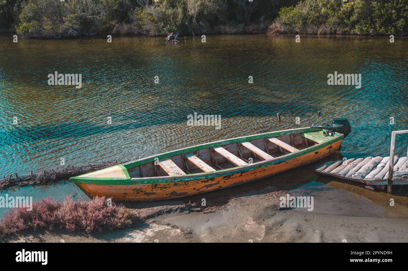 old boat Divjake-Karavasta National Park in Albania. Beautiful ...