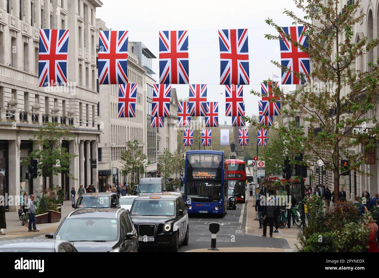 London, UK. 04th May, 2023. The West End of London is regaled in flags ...