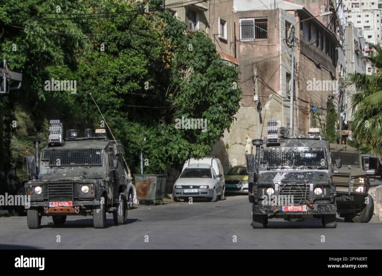 Nablus, Palestine. 04th May, 2023. Israeli military vehicles block the ...