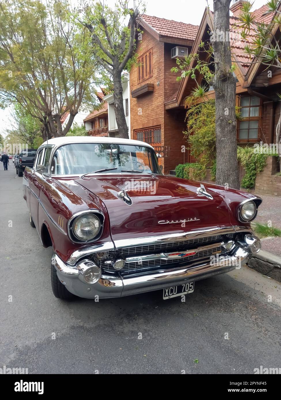 Bernal, Argentina Old red burgundy 1957 Chevrolet Chevy Bel Air sport ...